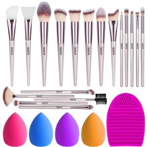 teatty makeup brush 18 pcs premium synthetic blending foundation blush eyeshadow concealers face powder makeup brushes set 2 pcs silicone face mask brush&4 blender sponge&1 brush cleaner