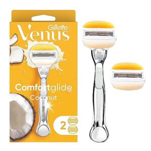 gillette venus comfortglide with olay coconut womens razor handle + blade refills, silver, 2 count