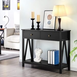 Yaheetech Console Table with Drawer, Wood Entryway Table with Storage Shelves, Sofa Table Narrow Long for Living Room Entryway Hallway, Easy Assembly, Black