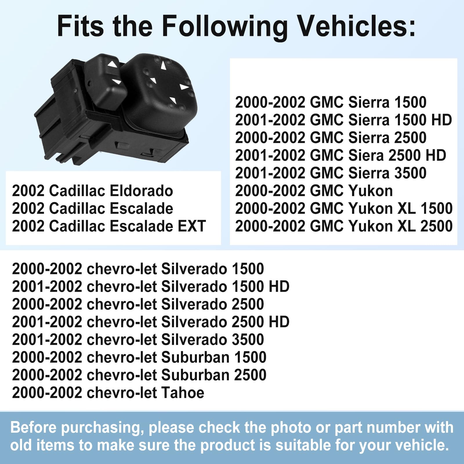 Power Mirror Switch Fit for 1999 2000 2001 2002 Silverado 2000-2002 GMC Sierra 2000 2001 2002 Ta-Hoe Replaces 901124 15045085 19259975