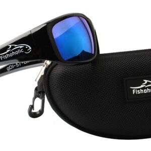 Fishoholic Pro Series Polarized Fishing Sunglasses w' Rubber Accents - Free Case & Pouch - UV400 Sun Protection - Fishing Gift (GB-BLU-gry)