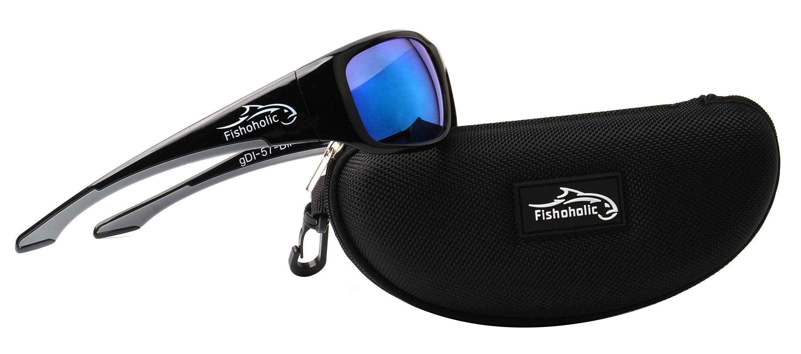 Fishoholic Pro Series Polarized Fishing Sunglasses w' Rubber Accents - Free Case & Pouch - UV400 Sun Protection - Fishing Gift (GB-BLU-gry)