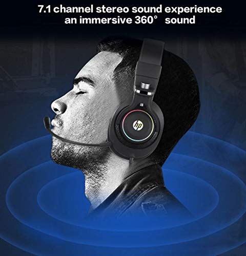 HP USB PC Gaming Headset with Microphone. 7.1 Surround Sound, RGB LED Lighting, Noise Isolating Over Ear Game Headphones with Detachable Mic for PC, PS4, Mac, Laptop - Black