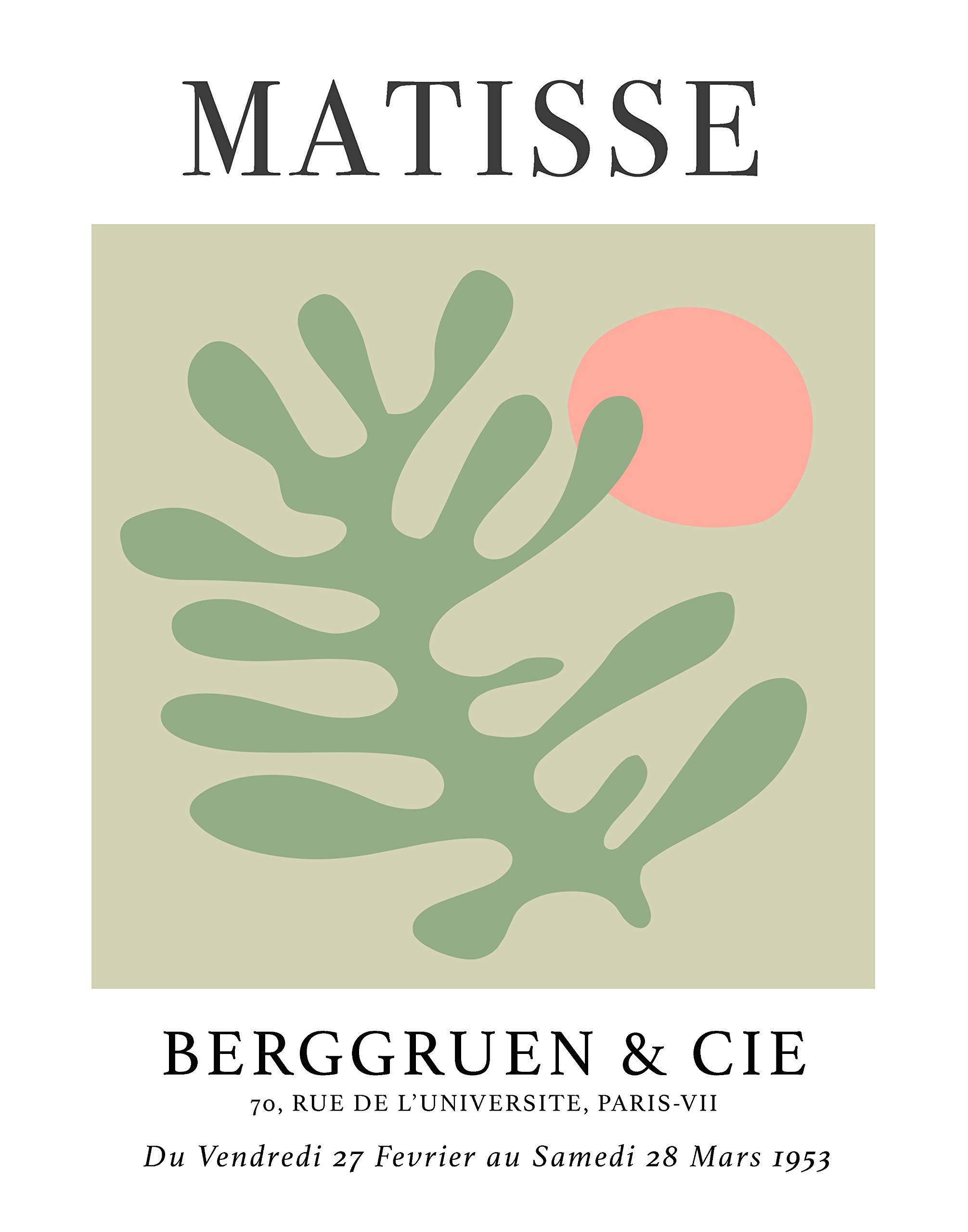 Matisse-Inspired No.16 Exhibition Wall Art Print. 11x14 UNFRAMED. Abstract, Minimalist Modern Wall Decor. Cut-Out Botanical Shapes in Shades of Sage Green & Pink on Gray.