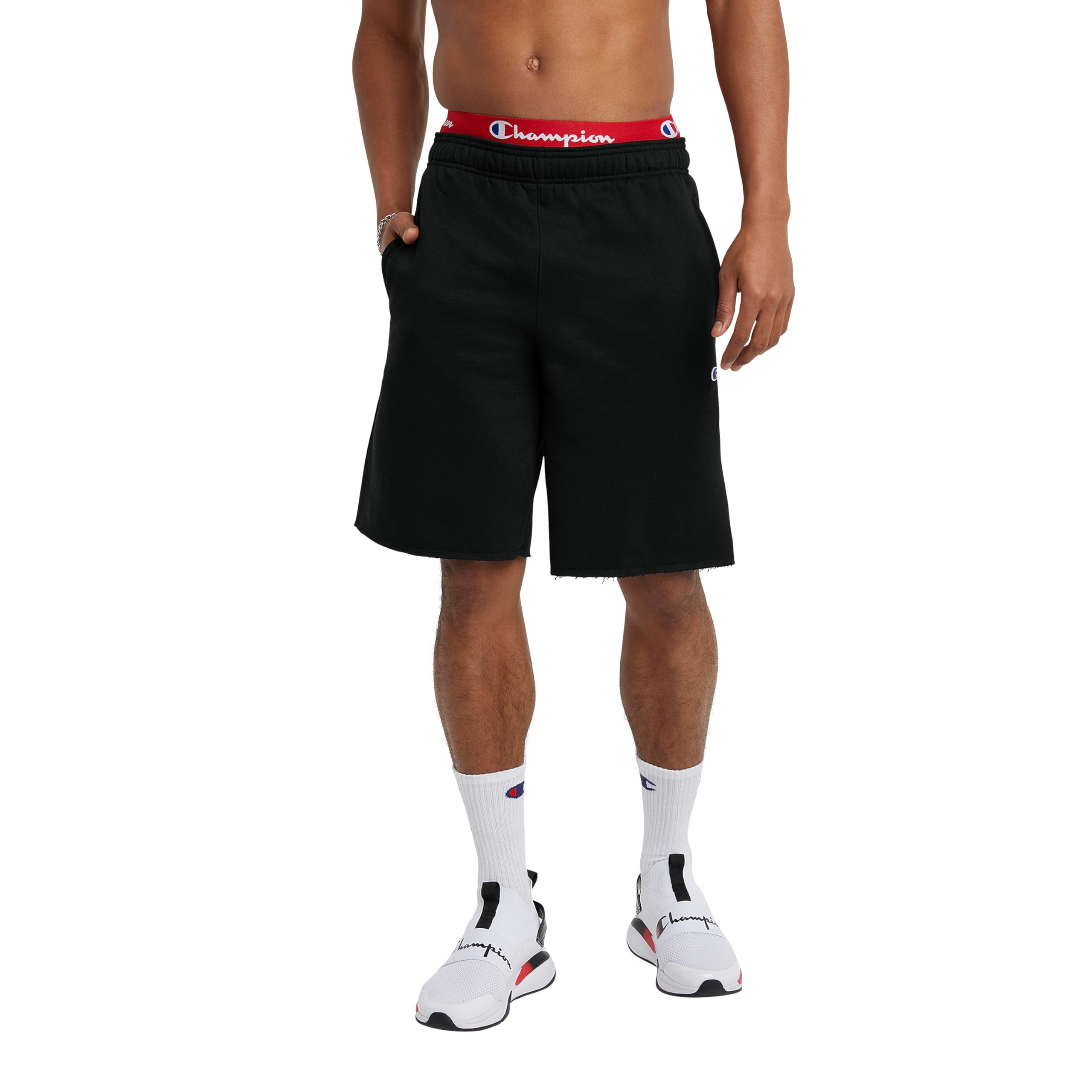 Champion Mens Shorts, Powerblend, Long With Pockets For (Reg. Big & Tall) Athletic-shorts, Black C Patch Logo, Large US