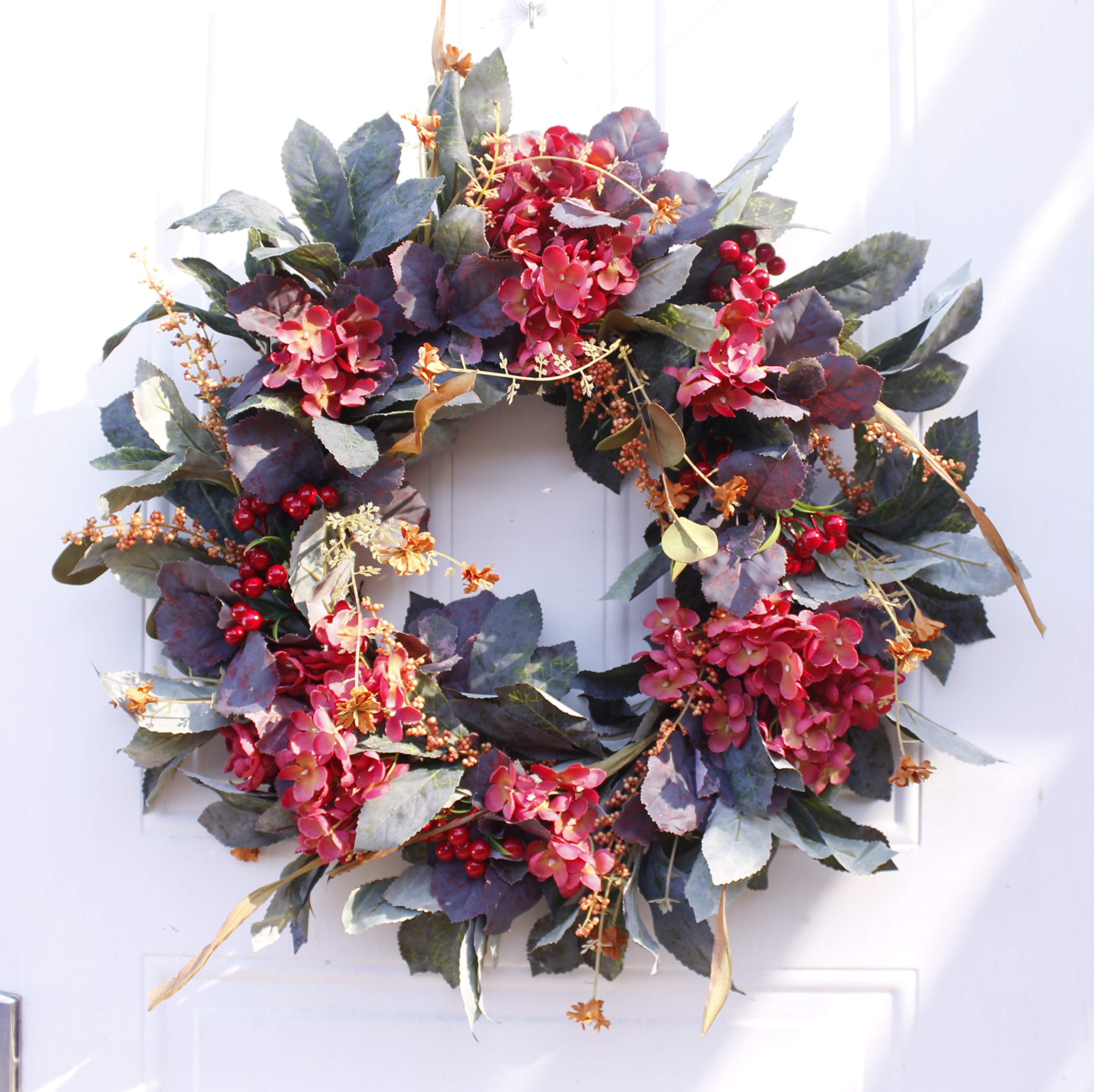 Abbie Home 24" Artificial Fall Floral Wreath with Handmade Red Hydrangea Series Rustic Leaves Red Berry for Front Door Wall Window Decor and Thanksgiving Harvest Festival Celebration