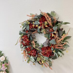 Abbie Home 24" Artificial Fall Floral Wreath with Handmade Red Hydrangea Series Rustic Leaves Red Berry for Front Door Wall Window Decor and Thanksgiving Harvest Festival Celebration