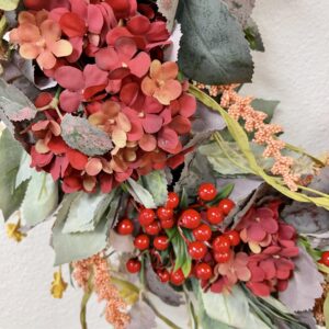 Abbie Home 24" Artificial Fall Floral Wreath with Handmade Red Hydrangea Series Rustic Leaves Red Berry for Front Door Wall Window Decor and Thanksgiving Harvest Festival Celebration