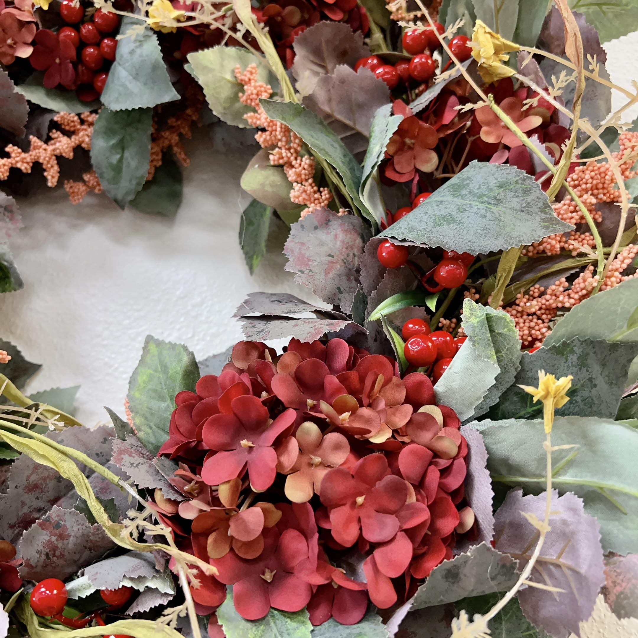 Abbie Home 24" Artificial Fall Floral Wreath with Handmade Red Hydrangea Series Rustic Leaves Red Berry for Front Door Wall Window Decor and Thanksgiving Harvest Festival Celebration