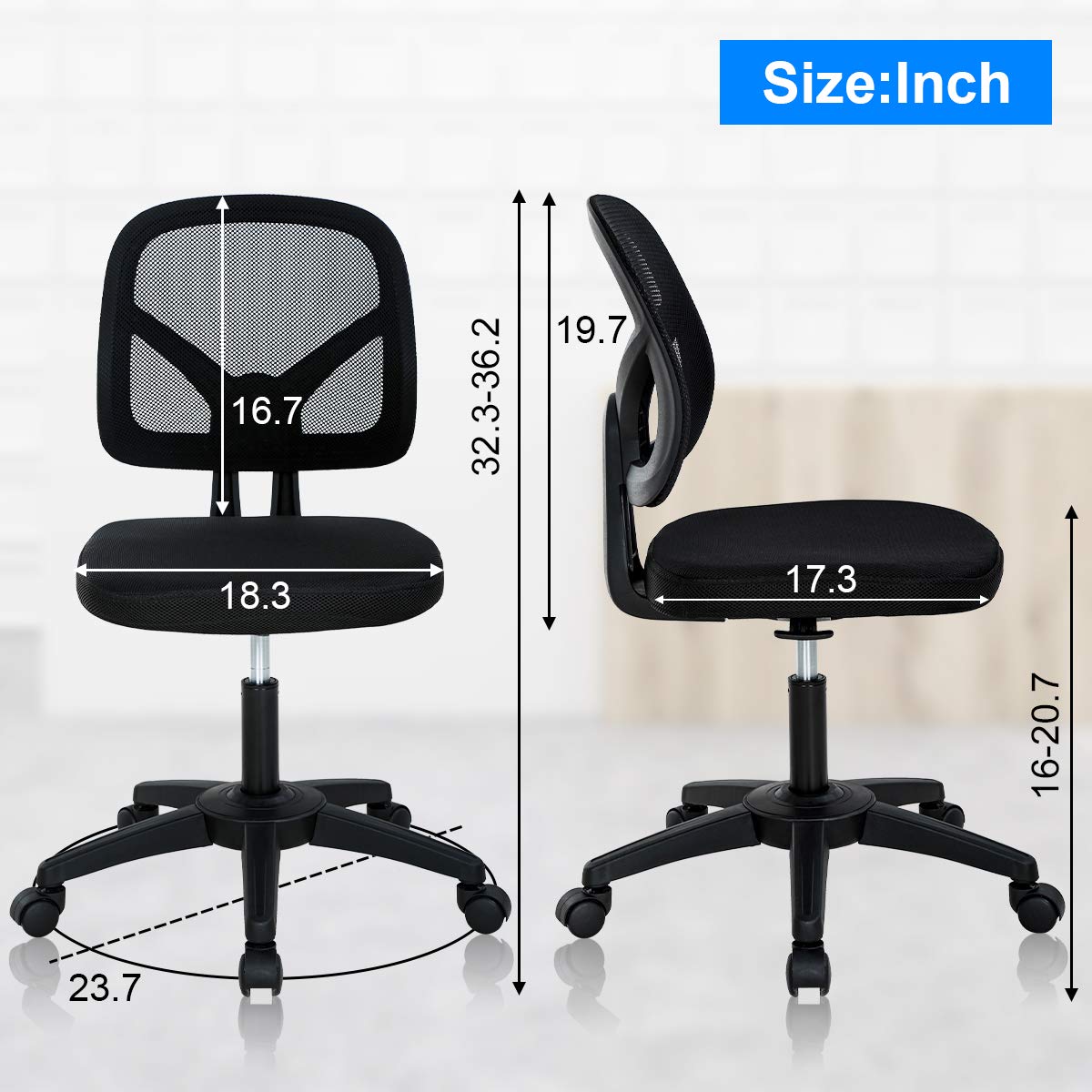 BestShop Home Office Chair Computer Chair Mid Back Mesh Chair Height Adjustable Student Chair Ergonomic Desk Chair Task Chair No Armrest Executive Rolling Swivel Chair with Casters, Black