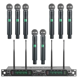 phenyx pro wireless microphone system, 8-channel uhf cordless mic with metal handheld wireless mics, fixed frequency dynamic microphone for karaoke,church,singing,dj,260ft range (ptu-4000-8h)