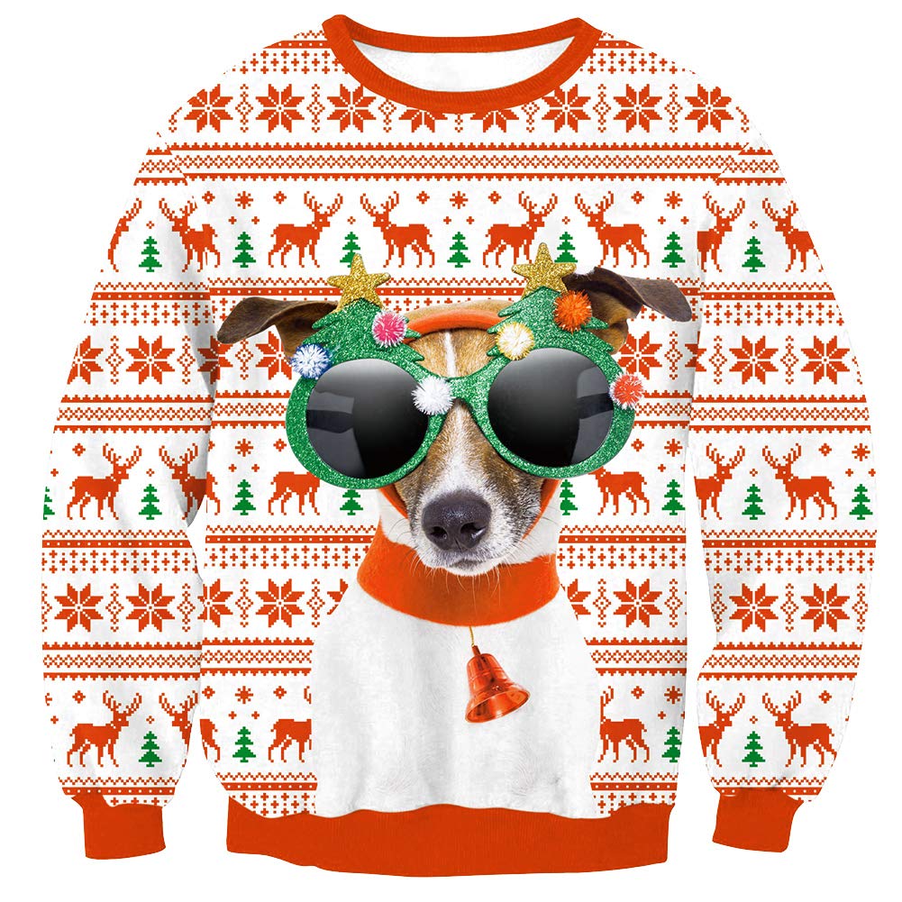 Arvilhill Christmas Mens 3D Printed Party Funny Xmas Sweater Ugly Holiday Long Sleeve Sweatshirt Sunglasses Dog L