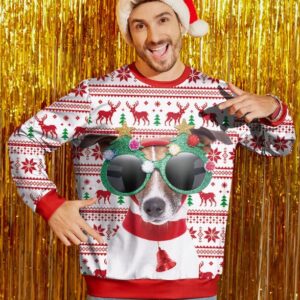 Arvilhill Christmas Mens 3D Printed Party Funny Xmas Sweater Ugly Holiday Long Sleeve Sweatshirt Sunglasses Dog L