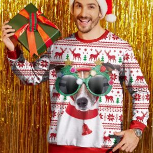 Arvilhill Christmas Mens 3D Printed Party Funny Xmas Sweater Ugly Holiday Long Sleeve Sweatshirt Sunglasses Dog L