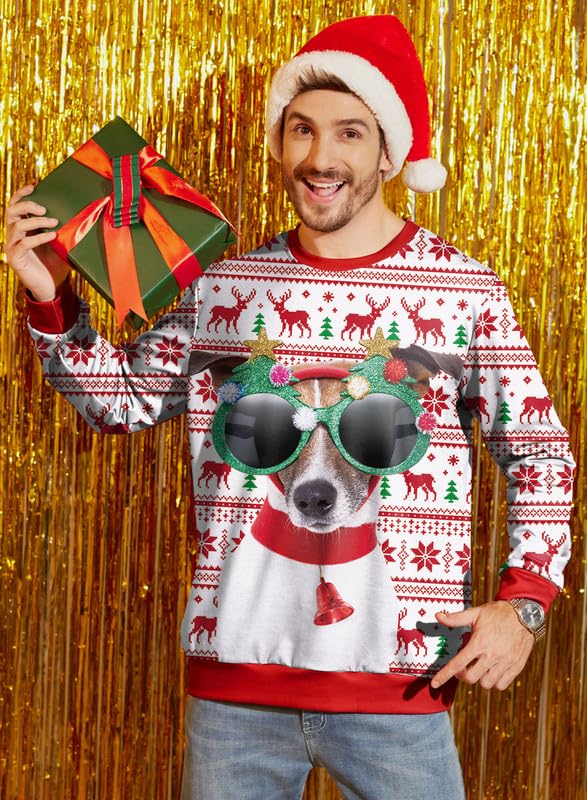 Arvilhill Christmas Mens 3D Printed Party Funny Xmas Sweater Ugly Holiday Long Sleeve Sweatshirt Sunglasses Dog L