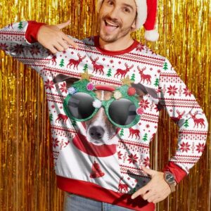 Arvilhill Christmas Mens 3D Printed Party Funny Xmas Sweater Ugly Holiday Long Sleeve Sweatshirt Sunglasses Dog L