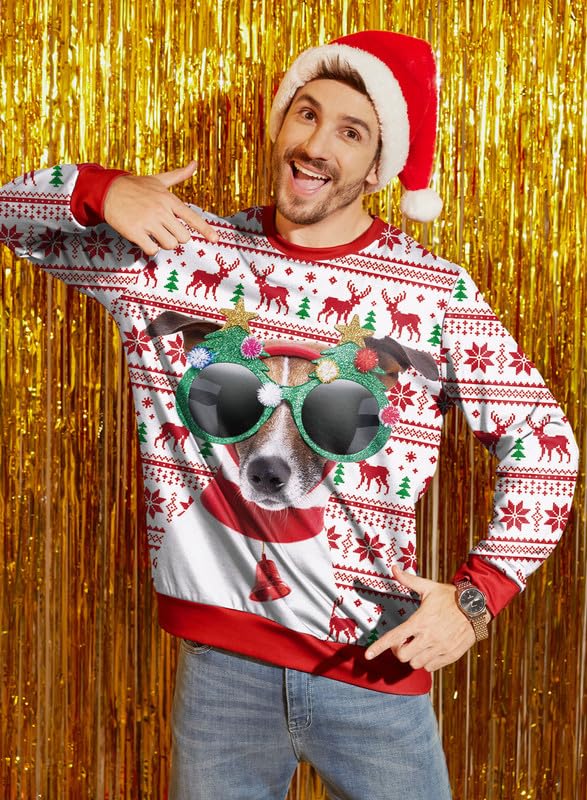 Arvilhill Christmas Mens 3D Printed Party Funny Xmas Sweater Ugly Holiday Long Sleeve Sweatshirt Sunglasses Dog L