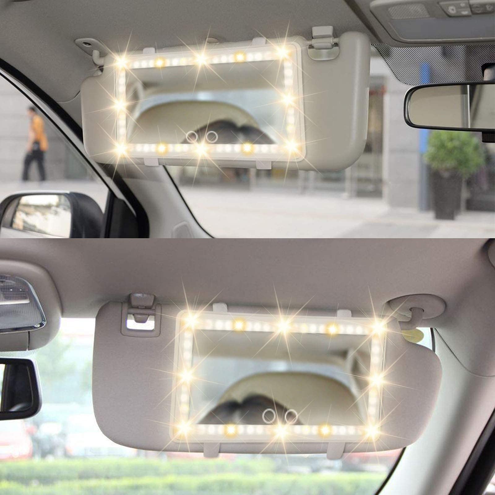 Car Visor Vanity Mirror Rechargeable with 3 Light Modes & 60 LEDs,Mirror for Truck SUV Rear View Dimmable Touch Screen,Car as A Gifts Women Valentine's Day (White)