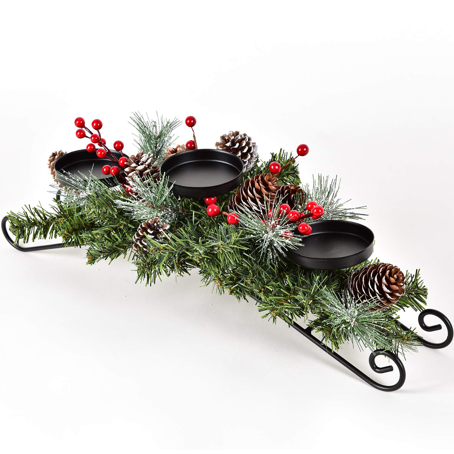 DearHouse Christmas Candle Holder Centerpiece, Pine Cones and Red Berry Table Centerpiece with 3 Candle Holders Table Accent Centerpiece for Festival Home Decoration 20" x 10" x 6"(L x W x H)