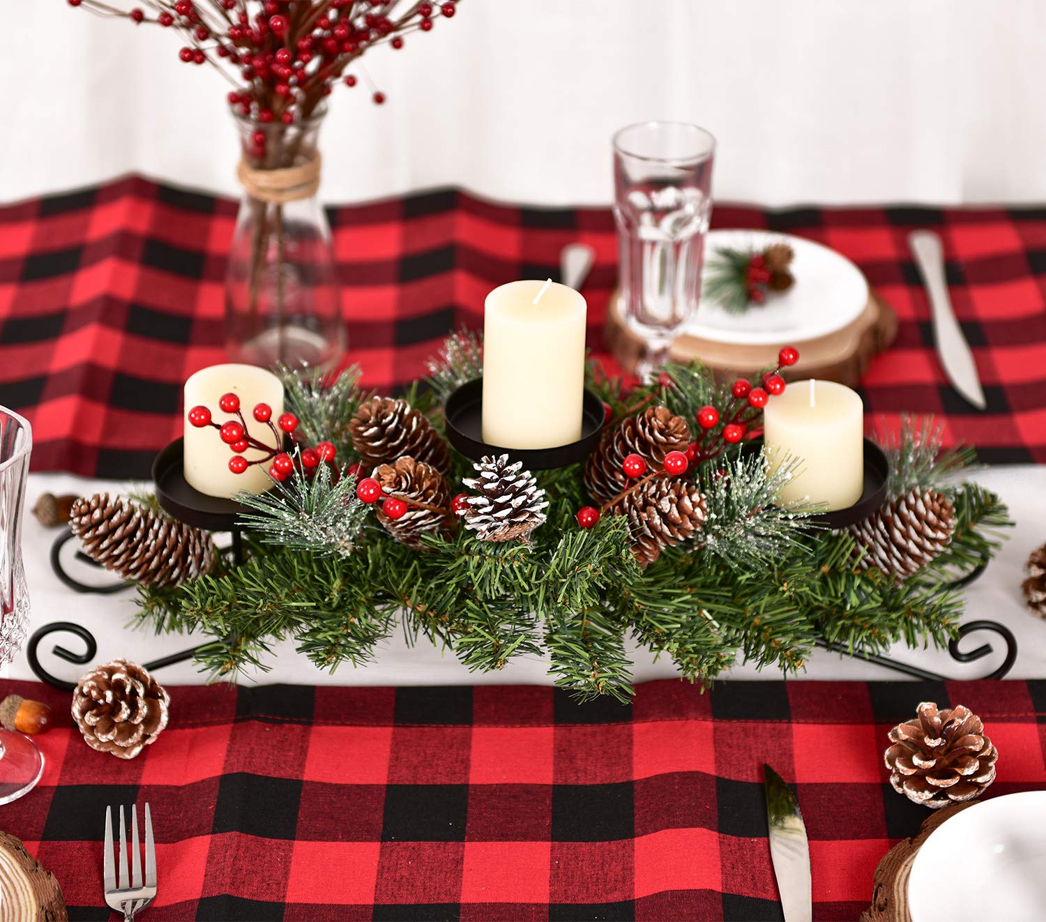 DearHouse Christmas Candle Holder Centerpiece, Pine Cones and Red Berry Table Centerpiece with 3 Candle Holders Table Accent Centerpiece for Festival Home Decoration 20" x 10" x 6"(L x W x H)