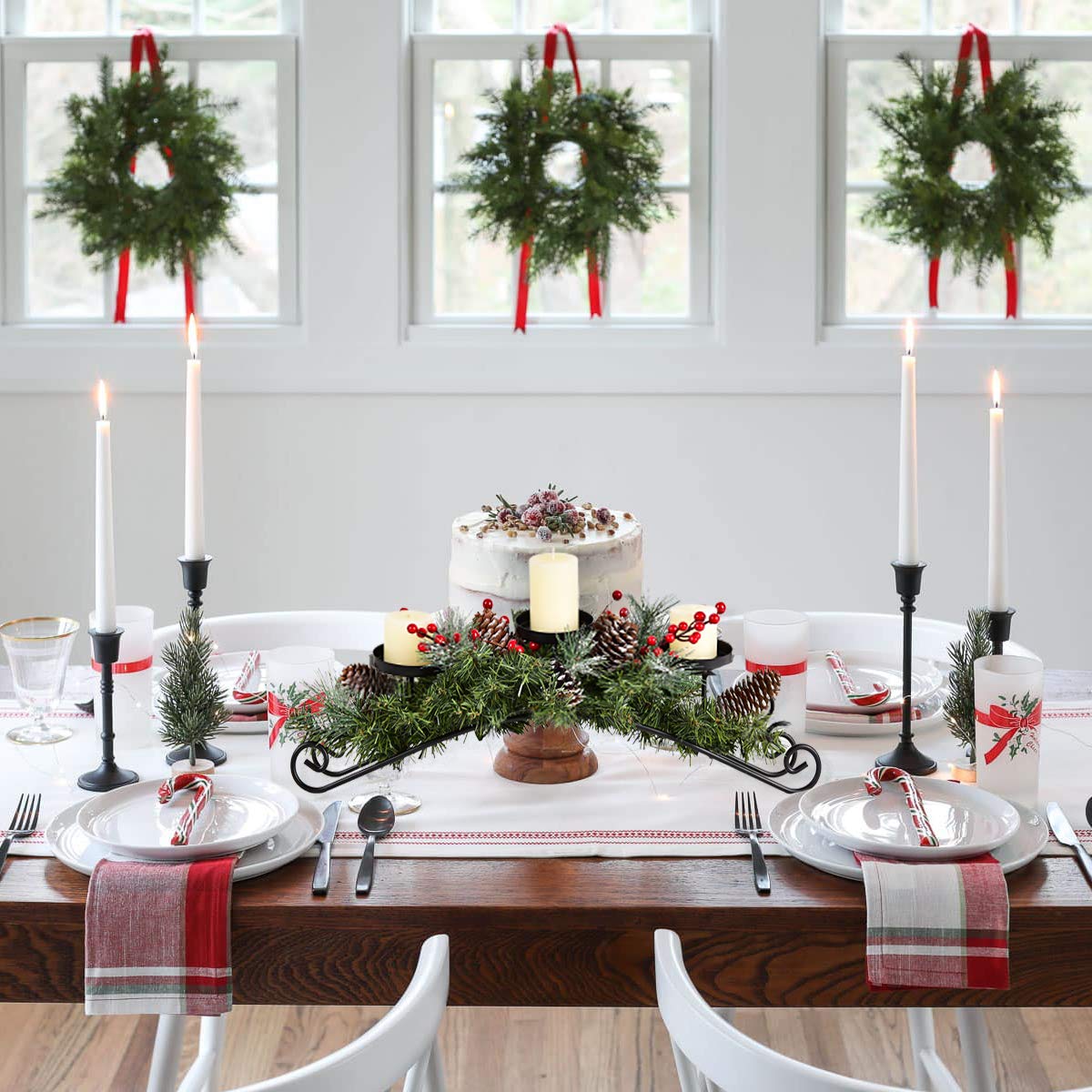 DearHouse Christmas Candle Holder Centerpiece, Pine Cones and Red Berry Table Centerpiece with 3 Candle Holders Table Accent Centerpiece for Festival Home Decoration 20" x 10" x 6"(L x W x H)