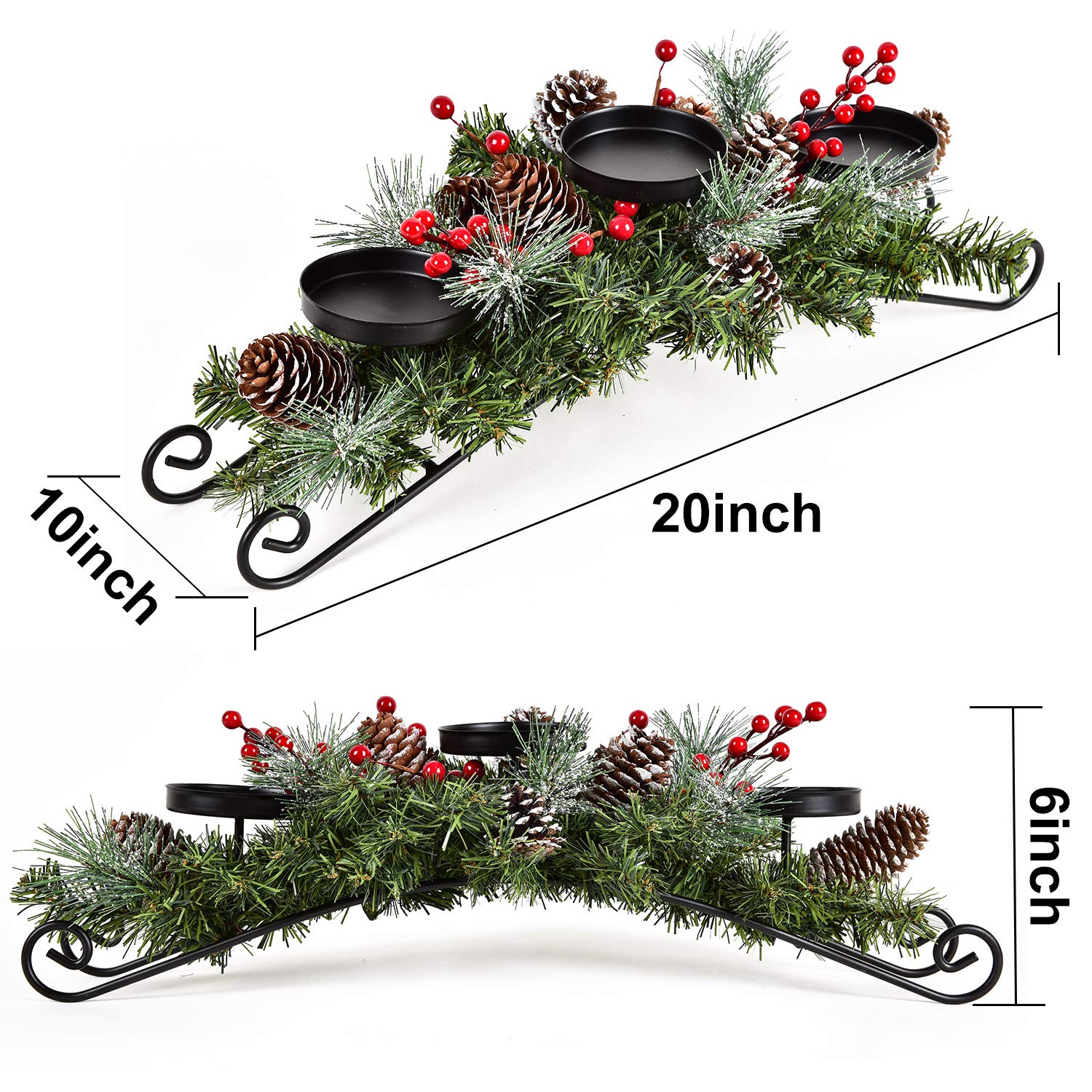 DearHouse Christmas Candle Holder Centerpiece, Pine Cones and Red Berry Table Centerpiece with 3 Candle Holders Table Accent Centerpiece for Festival Home Decoration 20" x 10" x 6"(L x W x H)