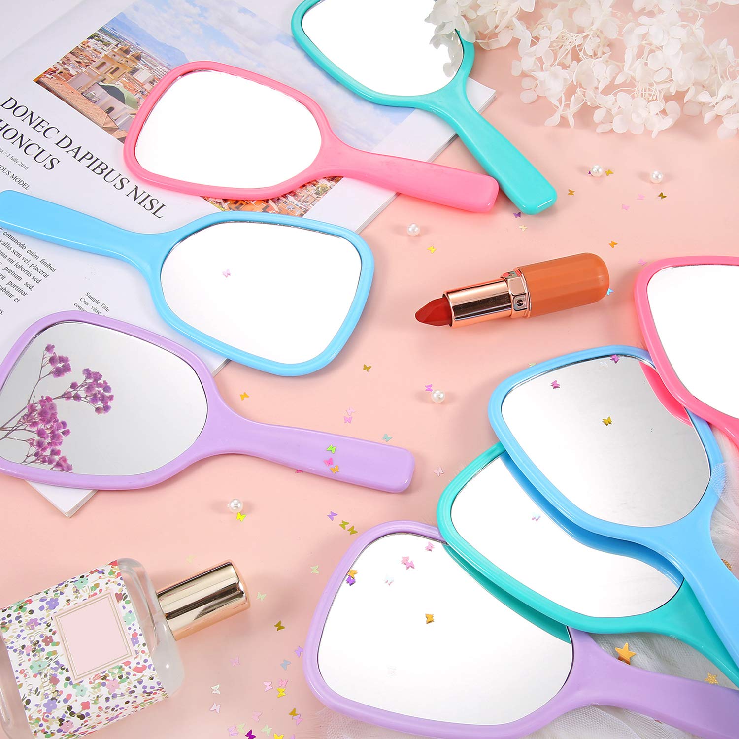 16 Pieces Hand Handheld Mirror with Handle Plastic Travel Makeup Handheld Cosmetic Mirror, Portable Vanity Mirror for Travel, Camping, Home, 3.15 Inch Wide, 7.09 Inch Long（Blue, Green, Pink, Purple