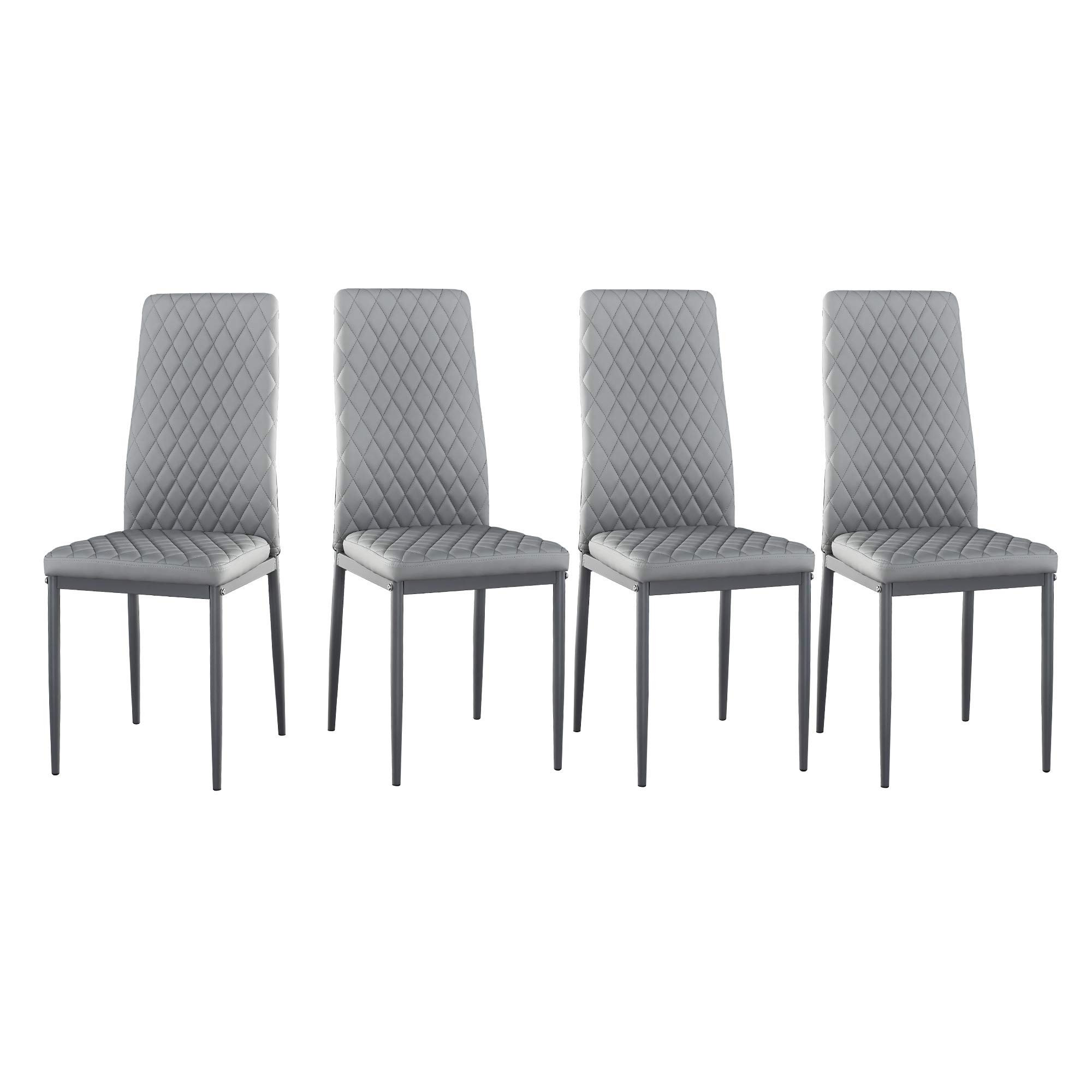 IANIYA Set of 4 Leather Dining Chairs Set, with Upholstered Cushion & High Back, Powder Coated Metal Legs, Rhombus Pattern Seats, Household Home Kitchen Living Room Bedroom (Light Gray)