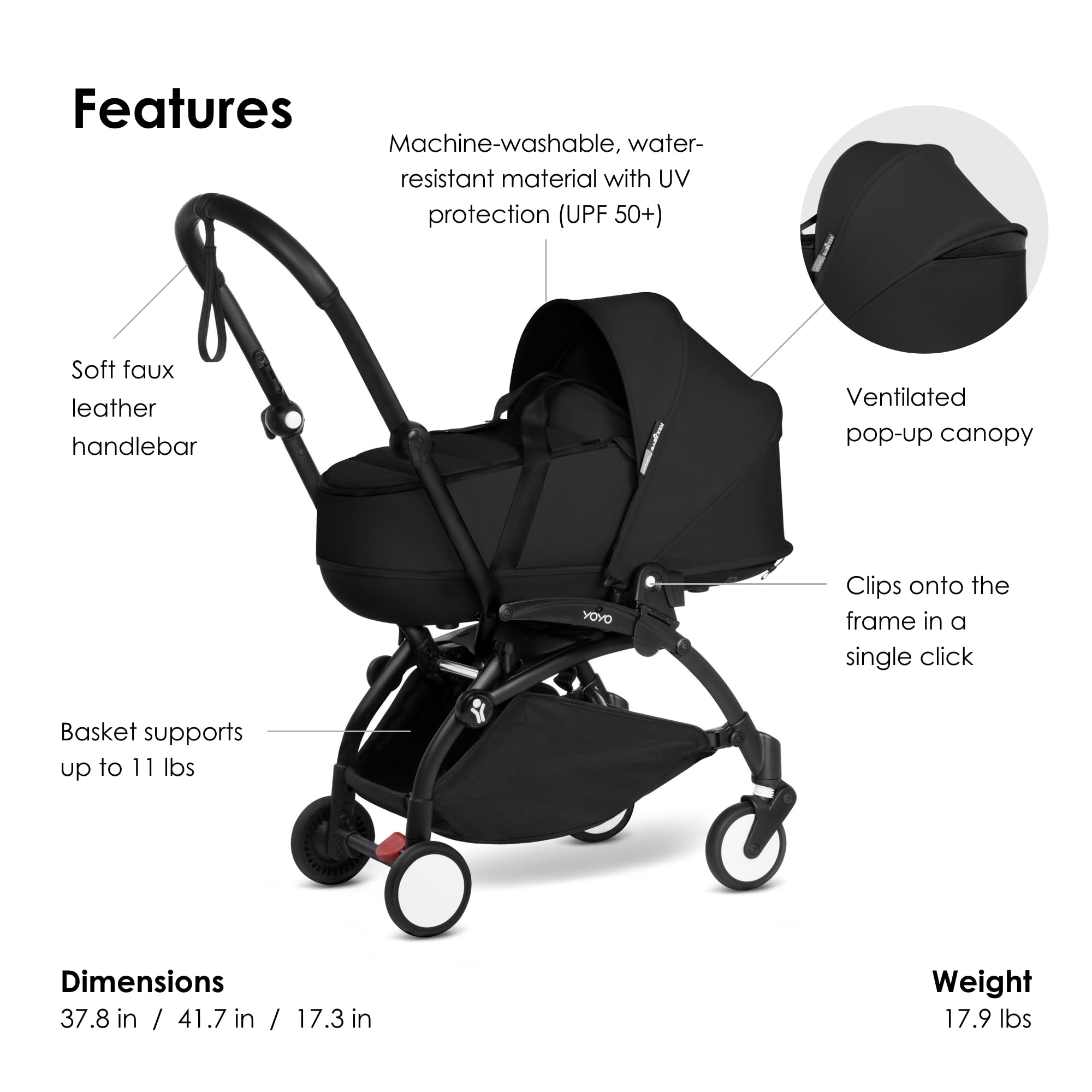 Babyzen YOYO2 Frame + Bassinet, Black - Includes Thick Double Mattress, Ventilated Shell & Canopy