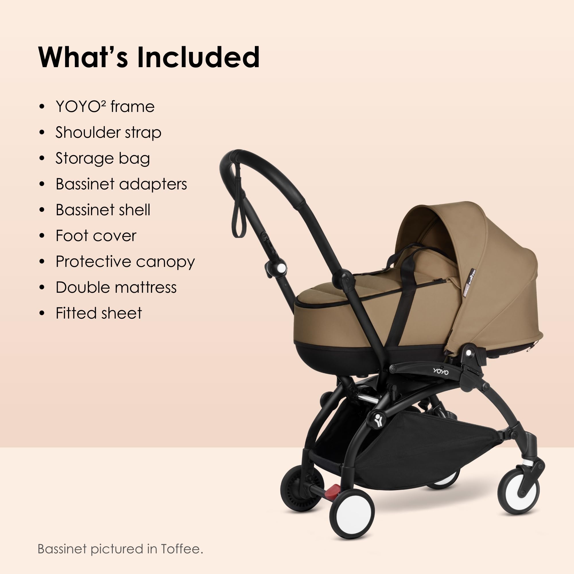 Babyzen YOYO2 Frame + Bassinet, Black - Includes Thick Double Mattress, Ventilated Shell & Canopy