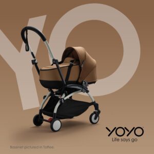 Babyzen YOYO2 Black Frame + Grey Bassinet - Includes Thick Double Mattress, Ventilated Shell & Canopy