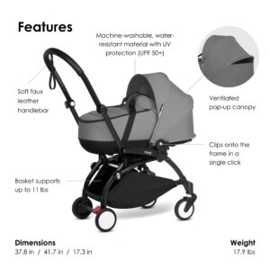 Babyzen YOYO2 Black Frame + Grey Bassinet - Includes Thick Double Mattress, Ventilated Shell & Canopy