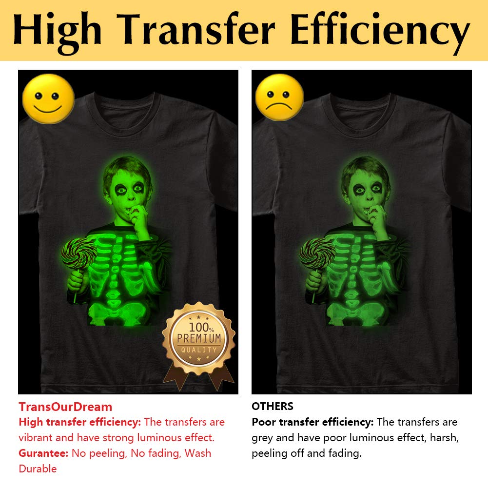 TransOurDream Heat Transfer Paper for Dark T Shirts (10 Sheets, 8.5x11'') GLOW IN THE DARK Iron on Transfers Paper Printable Heat Transfer Vinyl for Inkjet Printer