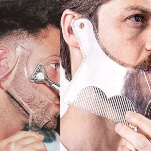 2PCS Men's Beard Shaping Tool Template, Beard Guide Shaper with Inbuilt Comb, Multi-liner Edges Shave for Curve/Straight/Neckline/Goatee/Sideburns (Clear-2pcs)