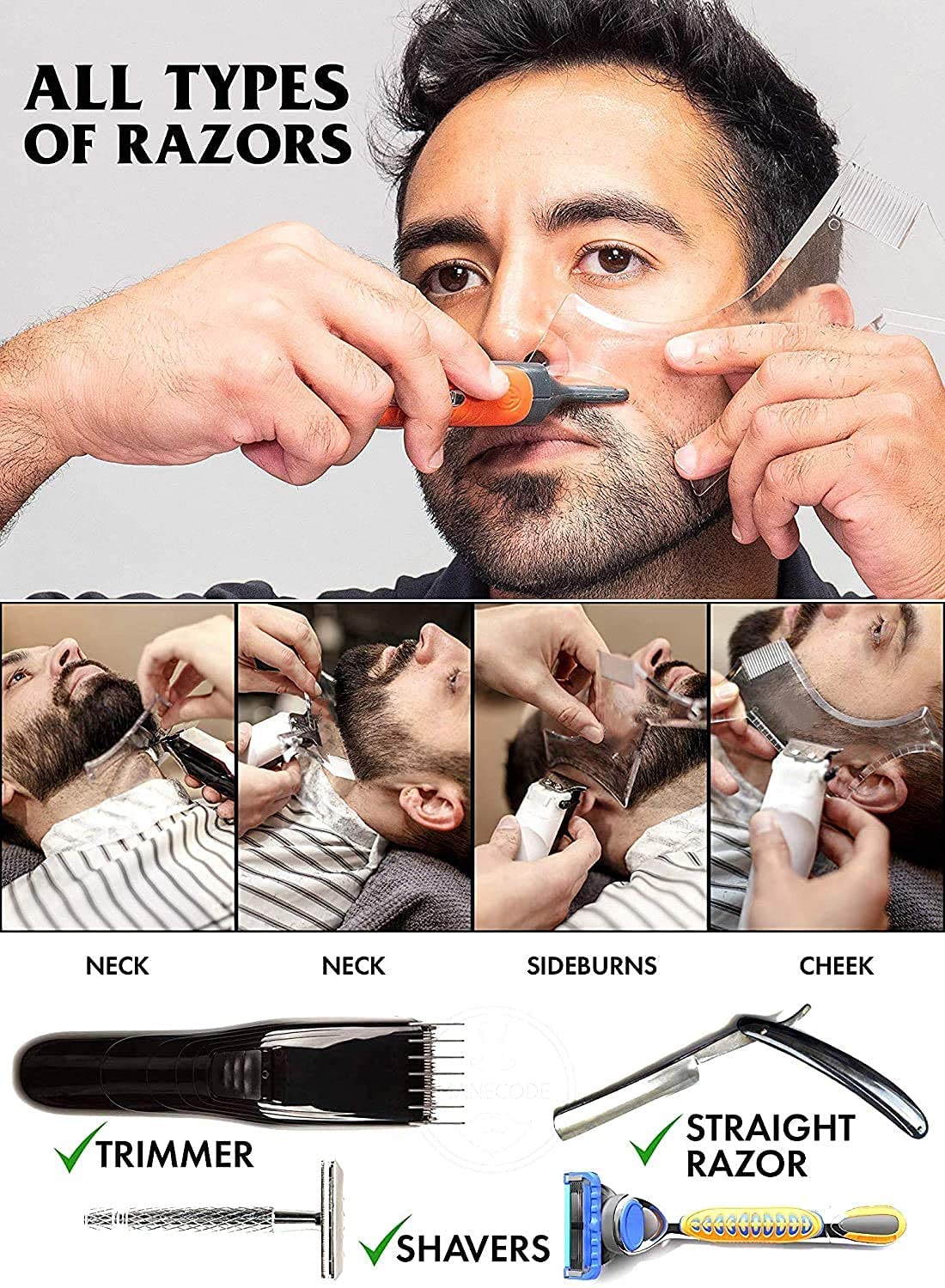 2PCS Men's Beard Shaping Tool Template, Beard Guide Shaper with Inbuilt Comb, Multi-liner Edges Shave for Curve/Straight/Neckline/Goatee/Sideburns (Clear-2pcs)