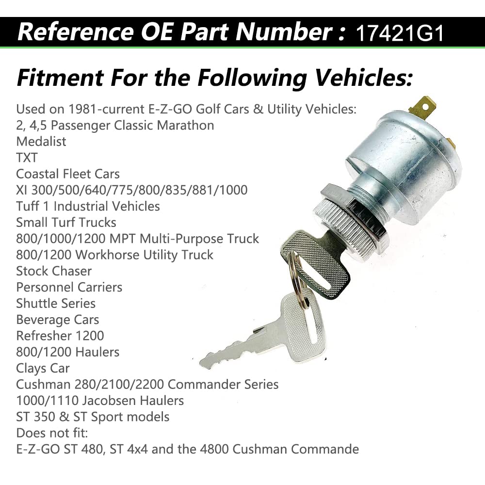 Ignition Switch for EZGO E-Z-GO Golf Cars Replace 17421G1