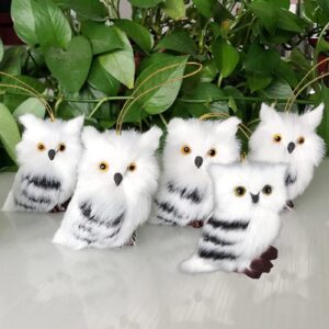 sylots owl white black furry christmas ornament decoration, set of 5 bird figurine artificial feathered owl cute owl model christmas tree decor home garden fairy desktop decoration h7cm/2.75inch