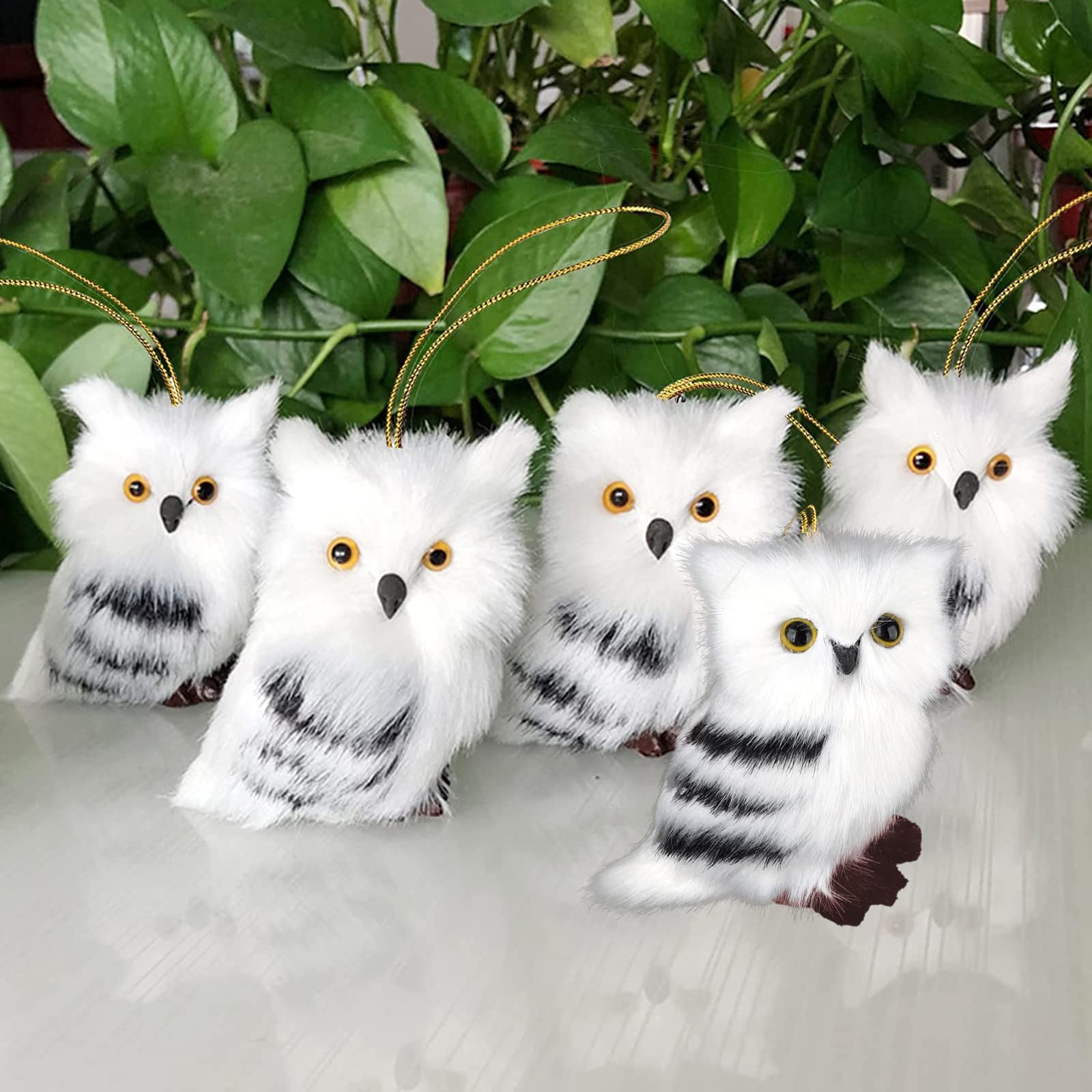 SYLOTS Owl White Black Furry Christmas Ornament Decoration, Set of 5 Bird Figurine Artificial Feathered Owl Cute Owl Model Christmas Tree Decor Home Garden Fairy Desktop Decoration H7cm/2.75Inch