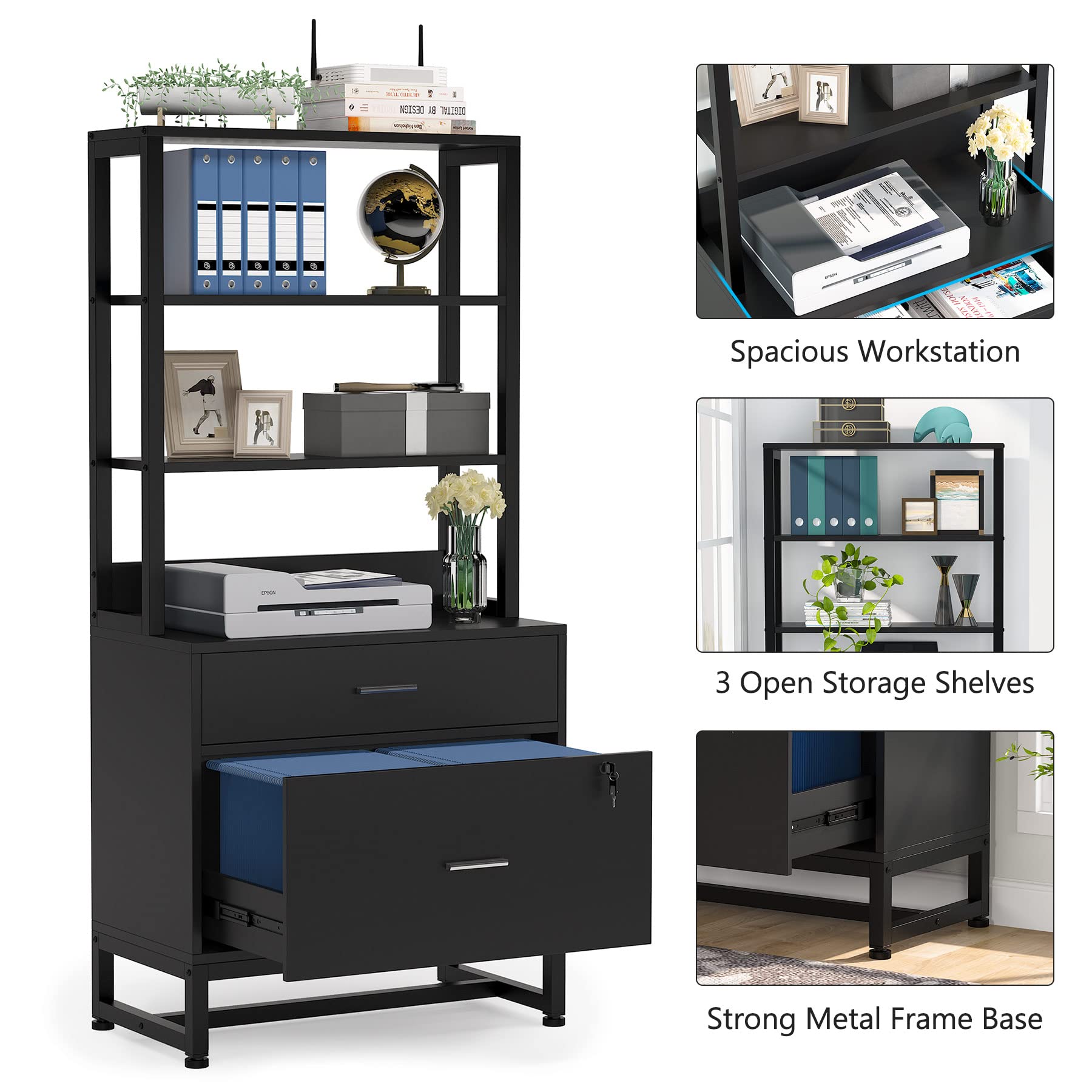 Tribesigns 2 Drawer Lateral File Cabinet with Lock, Letter Size Large Modern Filing Cabinet Printer Stand with Open Storage Shelves for Home Office, Black