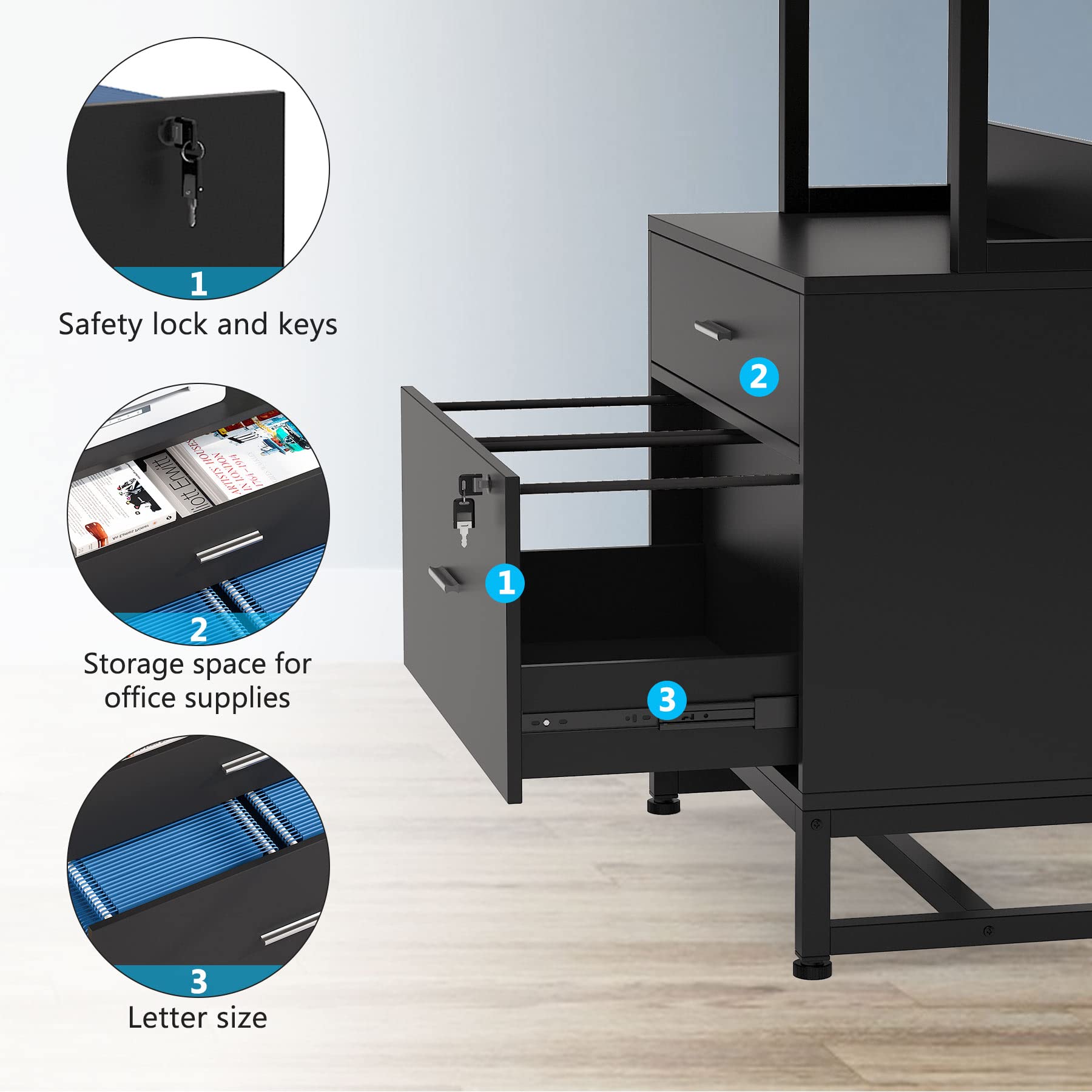 Tribesigns 2 Drawer Lateral File Cabinet with Lock, Letter Size Large Modern Filing Cabinet Printer Stand with Open Storage Shelves for Home Office, Black