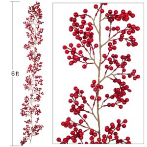 Artiflr Red Berry Garland, 6FT Flexible Artificial Red and Burgundy Berry Christmas Garland for Indoor Outdoor Home Fireplace Decoration for Winter Holiday New Year Decor