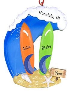 personalized couple christmas ornaments 2023 - fast & free 24h customization – surfing big wave in beach christmas decorations with name - comes gift-wrapped