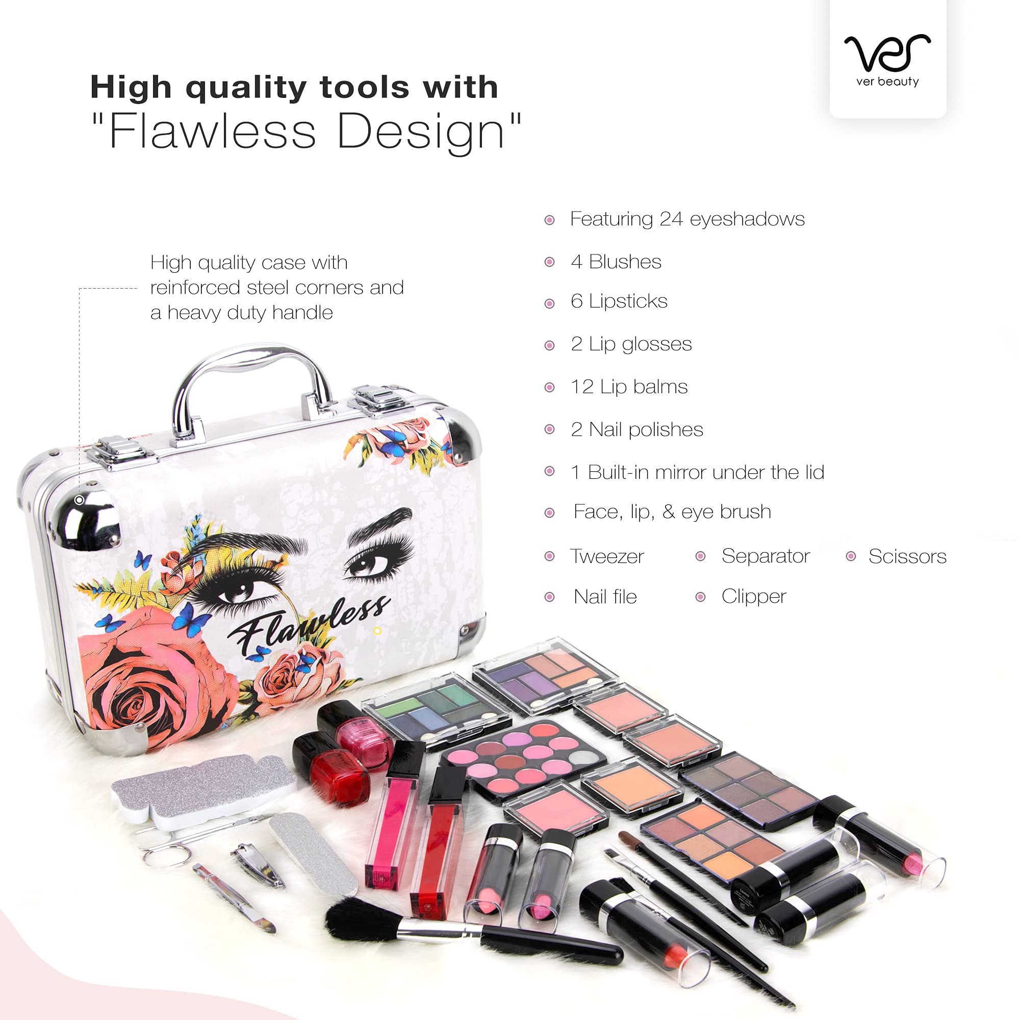 Ver Beauty Makeup Box with Makeup Included – Makeup Train Case with Travel Makeup Mirror – Professional Makeup Case Organizer with 2 trays – Perfect Cosmetic Organizer and Makeup Gift Set for Women