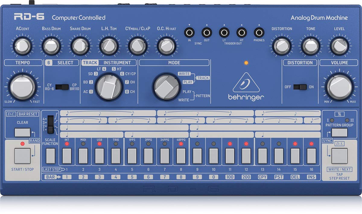 Behringer RHYTHM DESIGNER RD-6-BU Analog Drum Machine with 8 Drum Sounds, 64 Step Sequencer and Distortion Effects