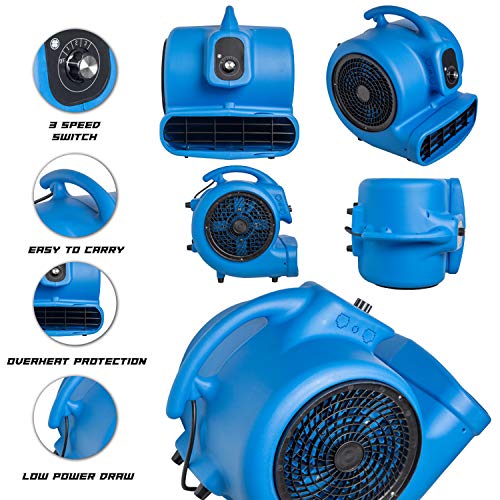 cho Air Mover Durable Lightweight Carpet Dryer Utility Blower Floor Fan for Janitorial Cleaner Home Commercial (Blue, 1/2 HP)