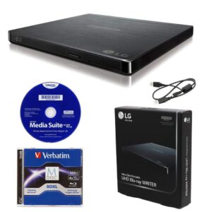 produplicator lg bp60nb10 portable 6x ultra hd 4k blu-ray burner external drive with cyberlink software, 100gb m-disc bdxl, and usb cable - burns cd dvd bd dl bdxl discs