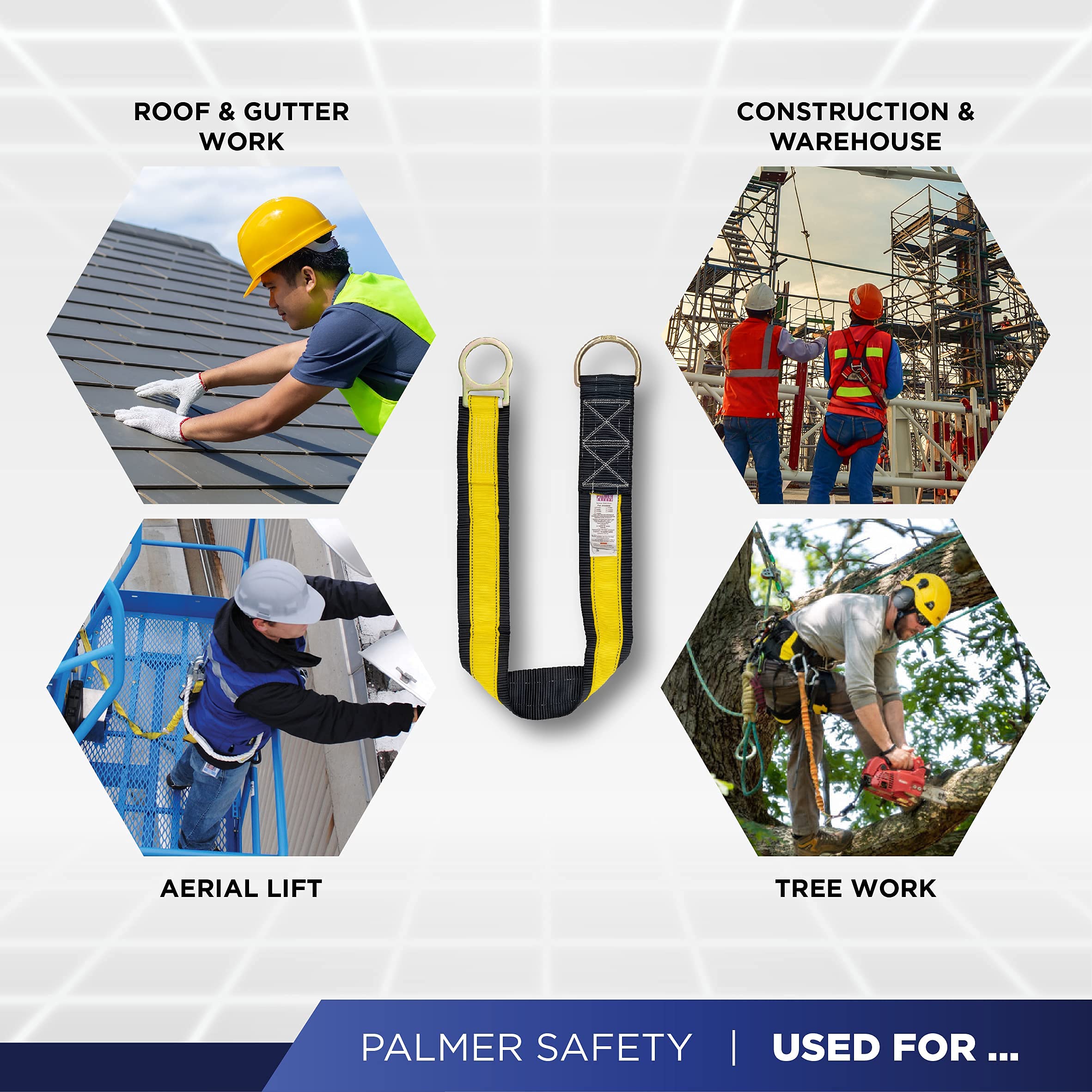 Palmer Safety Fall Protection Safety 4' Cross Arm Strap I 3” Wide Pass-through with Large D-Ring and Small D-Ring I ANSI OSHA Anchorage Sling Compliant Fall Arrest System