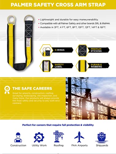 Palmer Safety Fall Protection Safety 4' Cross Arm Strap I 3” Wide Pass-through with Large D-Ring and Small D-Ring I ANSI OSHA Anchorage Sling Compliant Fall Arrest System