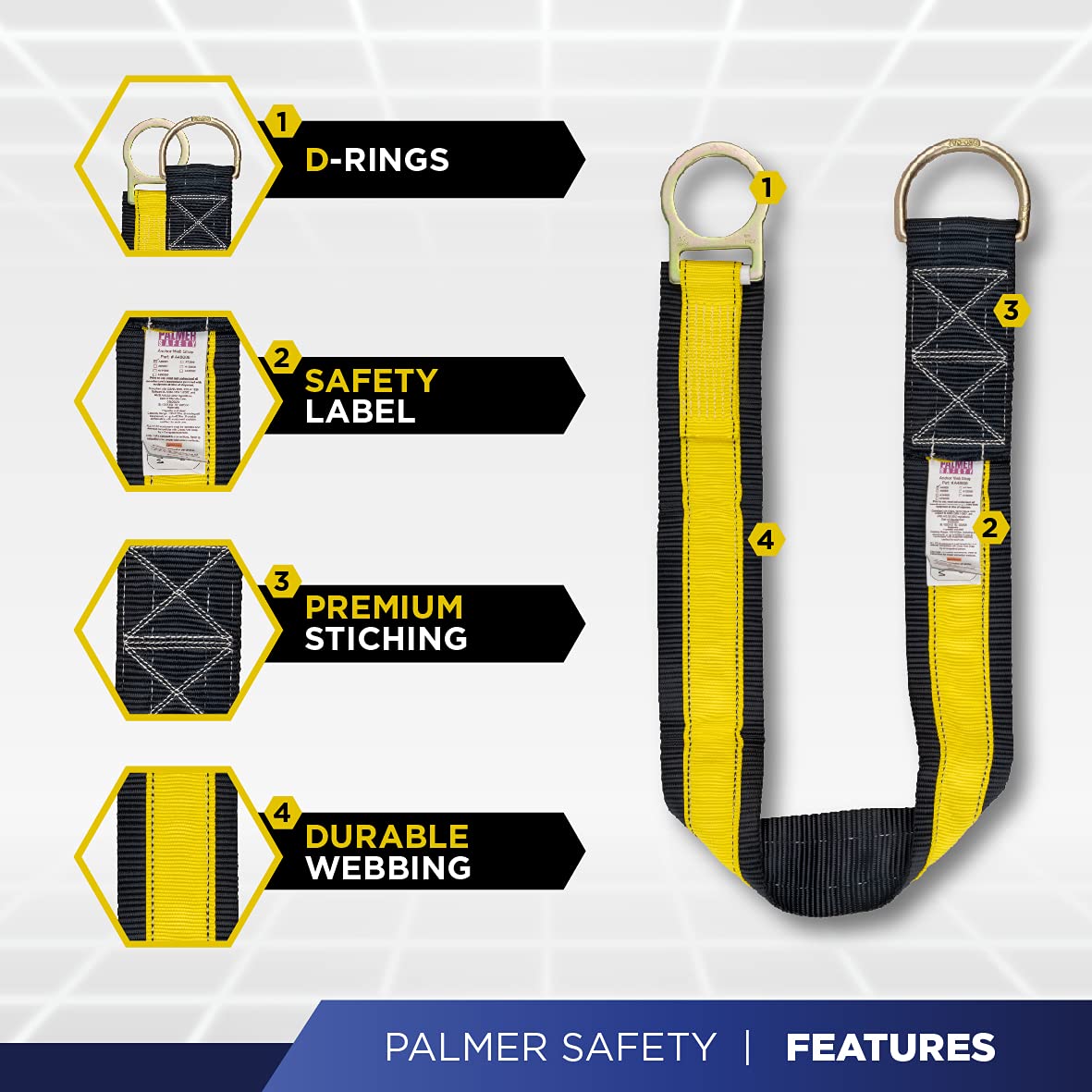 Palmer Safety Fall Protection Safety 4' Cross Arm Strap I 3” Wide Pass-through with Large D-Ring and Small D-Ring I ANSI OSHA Anchorage Sling Compliant Fall Arrest System