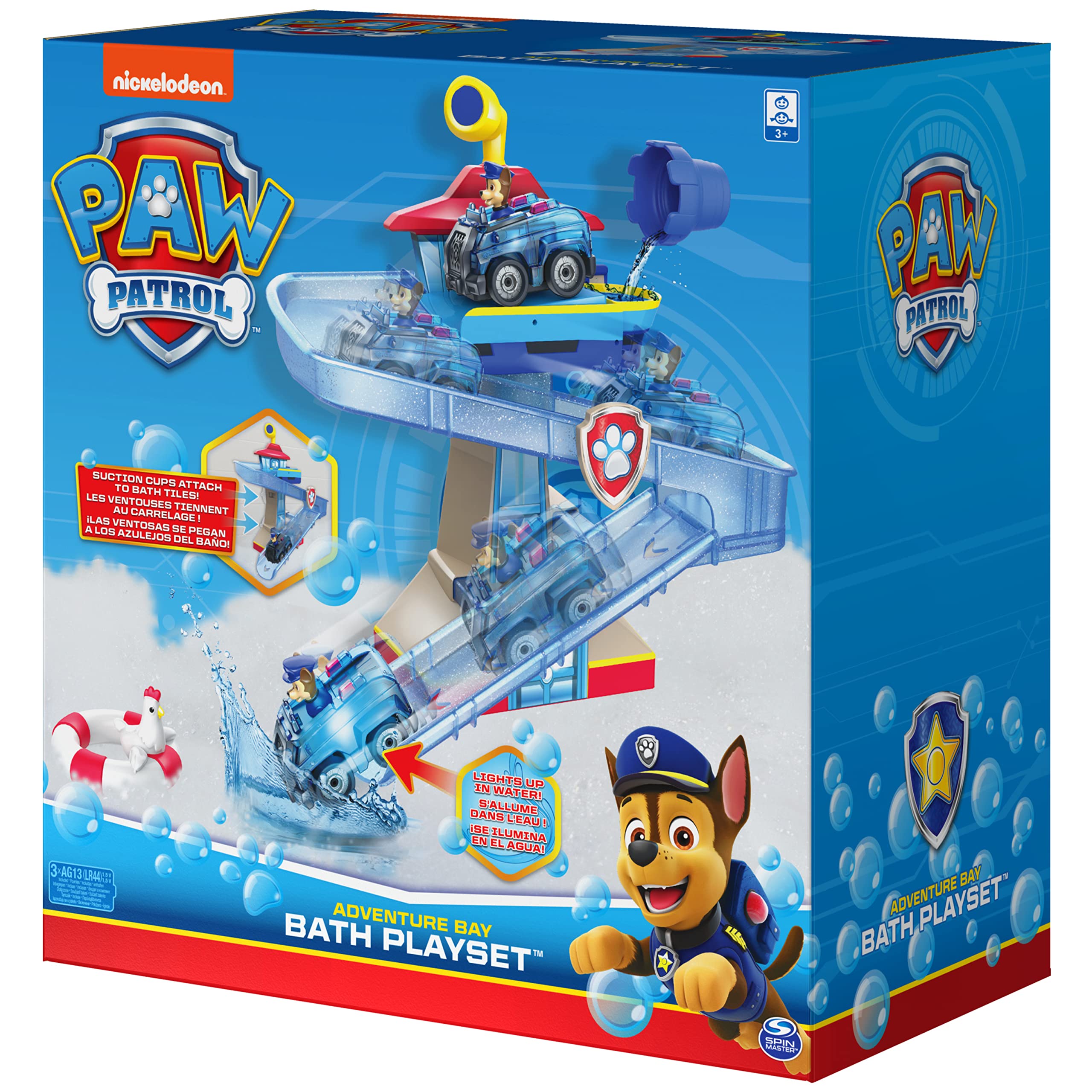 Paw Patrol, Adventure Bay Bath Playset with Light-up Chase Vehicle, Bath Toy for Kids Aged 3 and up